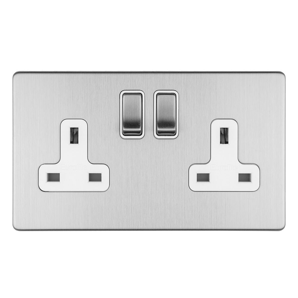 Brushed Steel Double Socket, White Inserts | 13A | Concealed 3mm range ...