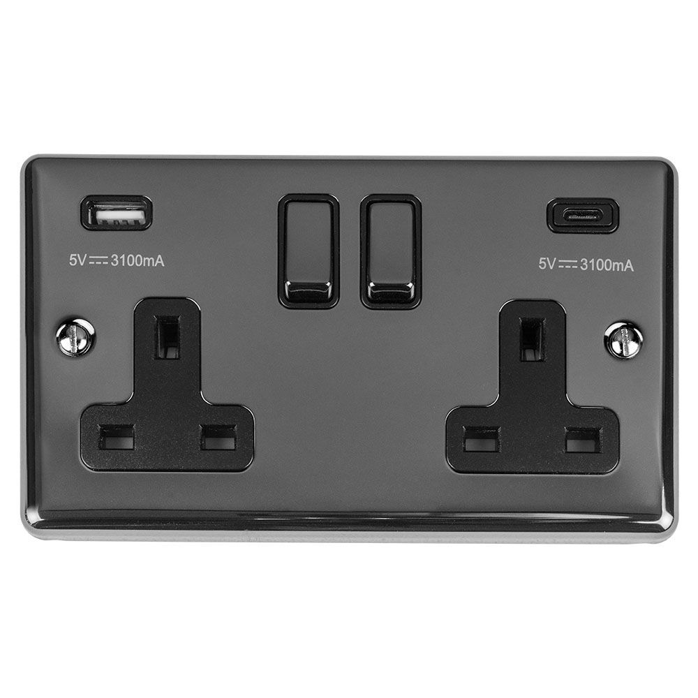 Black Nickel 3.1A USB Double Socket, Black Inserts | 13A | USB-A & USB ...