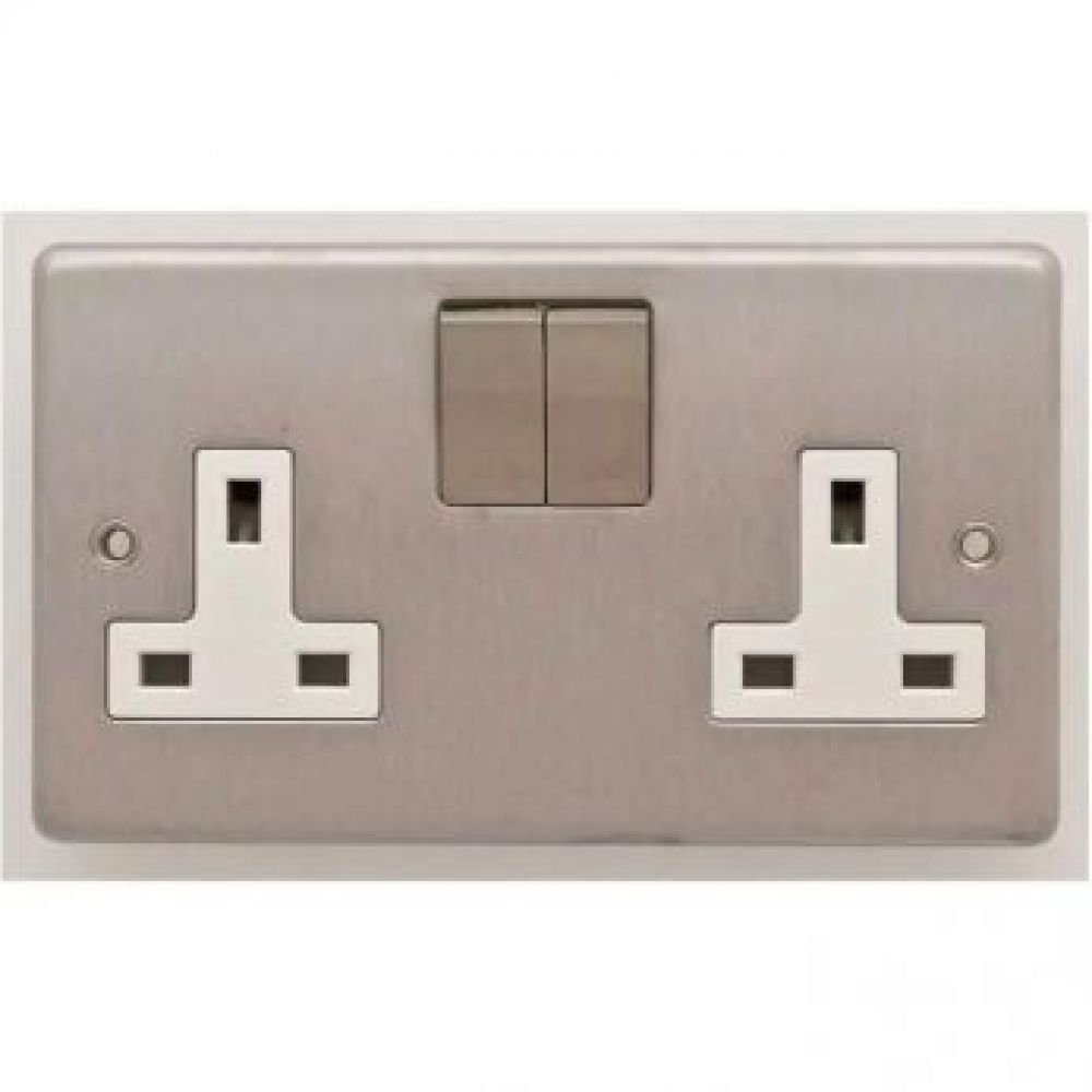 Brushed Steel Double Socket, White Inserts | 13A | Stainless Steel ...