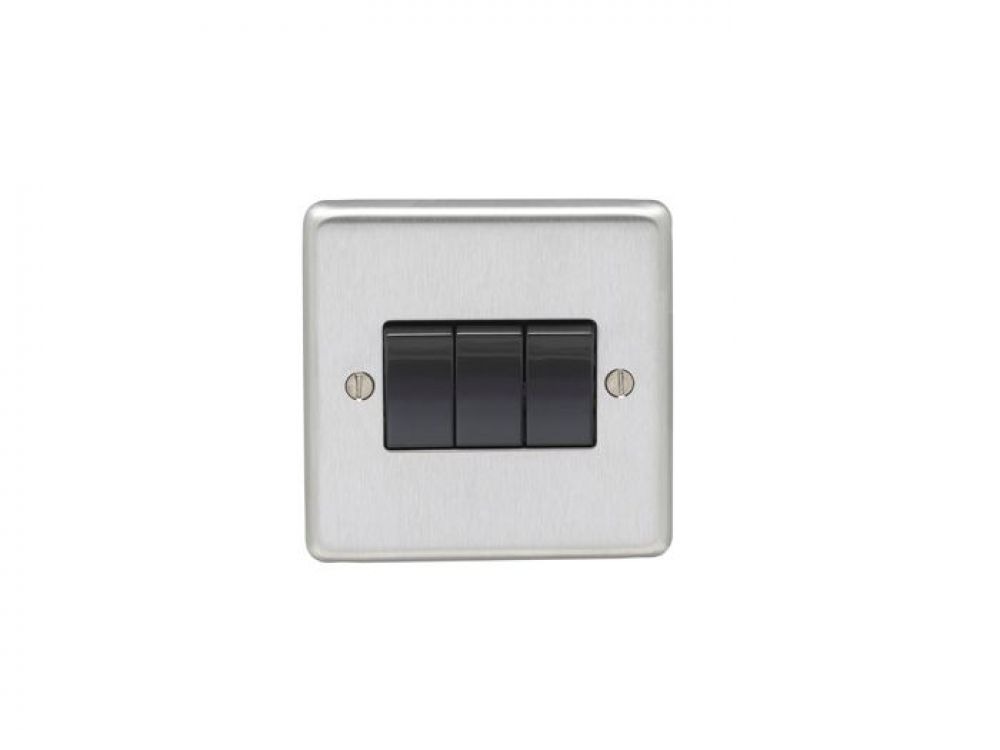 Brushed Steel Triple Light Switch, Black Inserts | 2 Way, 10A ...